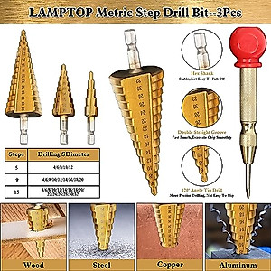 LAMPTOP 26-Pack Woodworking Chamfer Drilling Tools Including Countersink Drill Bits, 3-Pointed Countersink Drill Bit with L-Wrench, Wood Plug Cutter, Step Drill Bit, and Automatic Center Punch