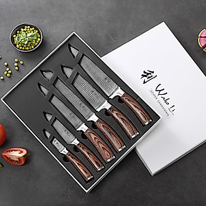Wakoli Damascus Kitchen Knife Set, 6 Pieces Professional Chef Knife Set made from 67 Layers of Damascus Steel with VG10 Core, Knives Set for Kitchen with Pakkawood Handles in Gift Box (EDIB 6-pcs)