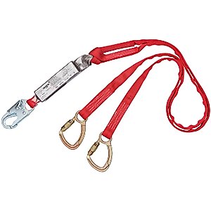 3M Protecta PRO Pack 1340060 6' Tie Back 100 Percent Tie-Off Shock Absorbing Lanyard, Snap Hook At Center, Tie Back Carabiners On Leg Ends, Red/Gray