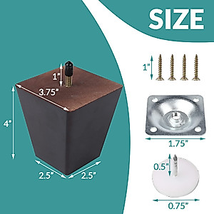 MEETWARM 4 inch Wood Furniture Legs Square Tapered Finish Pyramid Replacement Sofa Legs, Suitable for Sofa, Couches, Armchairs, Ottomans, TV Tables, Night Stands, Set of 4 (Dark Brown)