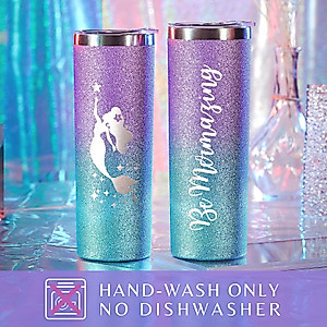 Onebttl Mermaid Gifts for Girls & Women - 20oz/590ml Stainless Steel Insulated Tumbler with Straw & Lid, Message Card - Be Mermazing (Glitter Purple)