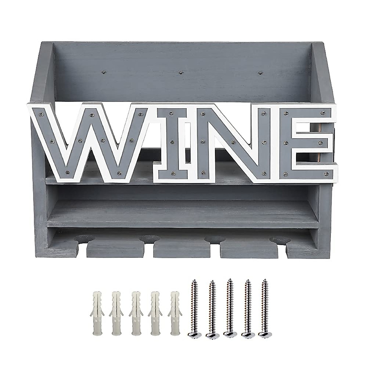 Shikha LED Wooden Wall Mounted Wine Rack and Glass Holder –Rustic Wine Bottle & Glass Holder & Wine Cork Storage Modern Home Decor 5 Bottle and 4 Glass Holder