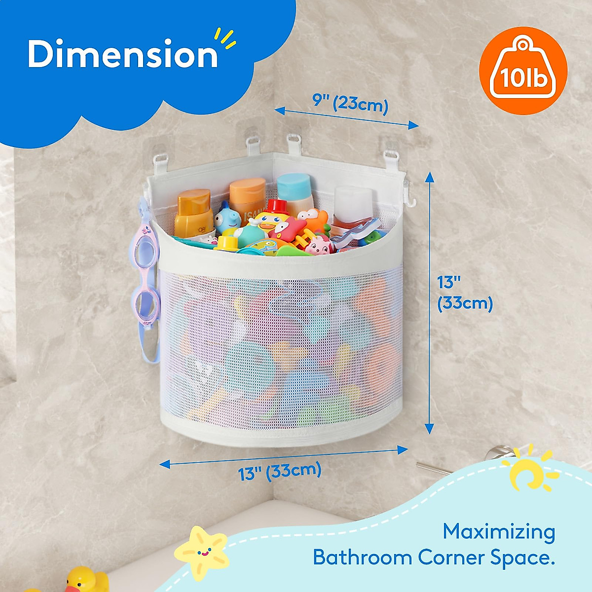 Lifewit Bath Toy Storage Holder, Mesh Shower Caddy for Bathtub Toy Organizer, Corner Hang-Suspension Shower Toy Holder, Bath Toy Basket with 4 Adhesive Hooks for Kids, Toddlers, Medium, White