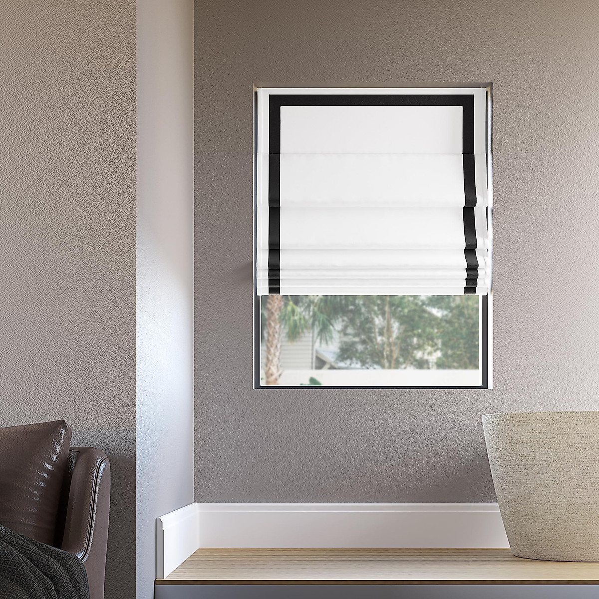 Sun Zero Denna Black Ribbon Border Stripe 100% Blackout Cordless Roman Shade, 33" x 64", Black/White