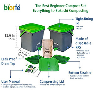 Biorfe 2 Bucket Bokashi Compost Starter Kit, All Season Indoor Beginners Composter, Countertop Kitchen Bokashi Bin, Composting Container with 6.6 lb Compost Bran, Food Recycler for Living Indoor