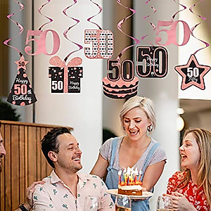 Excelloon Rose Gold 50th Birthday Decorations for Women - 8Pcs Foil 50th Hanging Swirls - Happy 50 Birthday Cake Hat Gifts Star Party Decorations Supplies