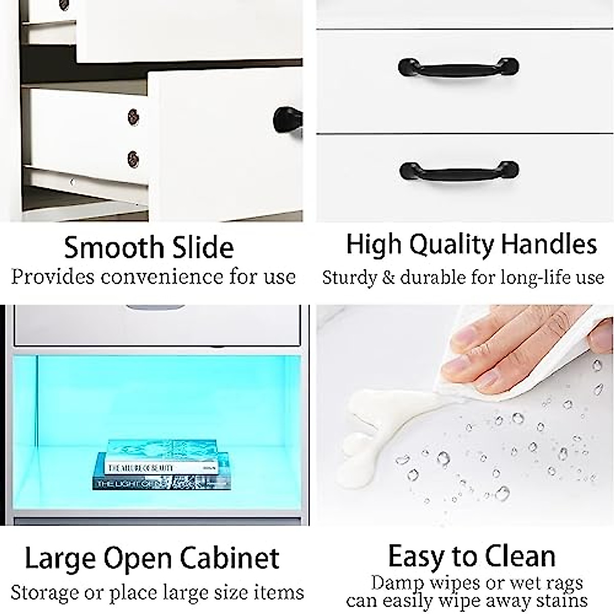 White Nightstand Set of 2 with Charging Station and LED Lights, Modern End Side Table with 2 Drawers and Open Storage for Living Room, Night Stands for Bedrooms Set of 2 White