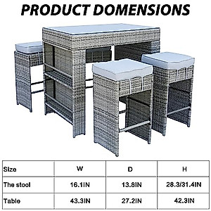 5 Pieces Outdoor Bar Set, Outside Patio Wicker Furniture Set with 4 Cushions Stools and 4 Tier Storage Shelf, Rattan Bar Height Table and Chairs for Garden, Porches, Backyard, Indoor, Pool Deck (Gray)