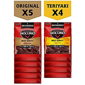 Jack Link's Beef Jerky Variety Pack Great for Easter Basket Stuffers - Includes Original and Teriyaki Flavors, On the Go Snacks, 13g of Protein Per Serving, 9 Count of 1.25 Oz Bags