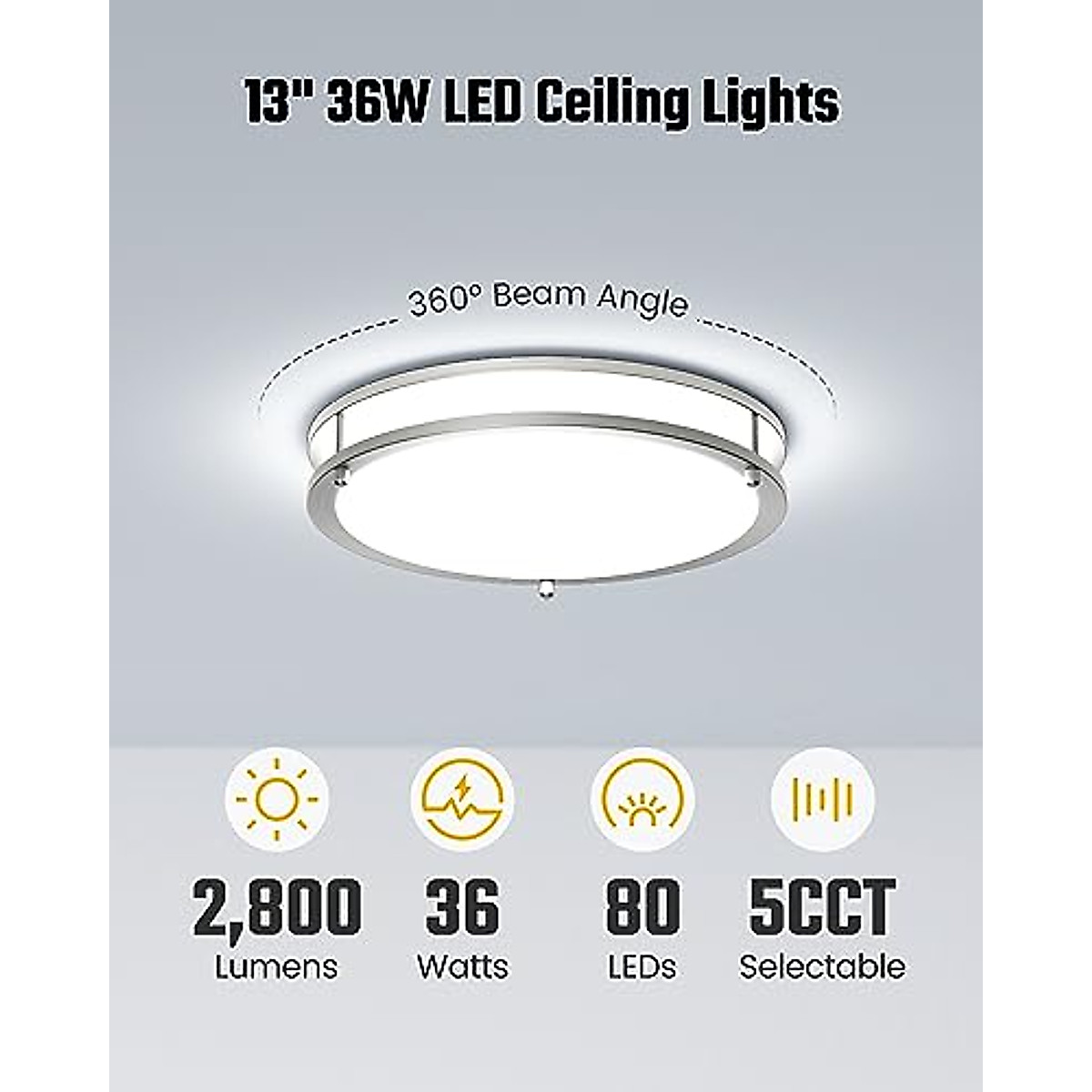 SUPERDANNY 36W LED Flush Mount Ceiling Light Fixture, 13 Inch Modern Ceiling Lamp, 3000K/3700K/4500K/5100K/6000K Dimmable Ceiling Lights for Bedroom Kitchen Hallway Bathroom (Brushed Nickel, 2 Pack)