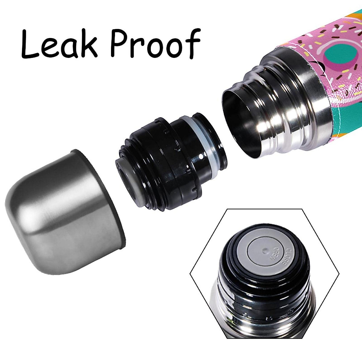 Stainless Steel Leather Vacuum Insulated Mug Donuts Coffee Thermos Water Bottle for Hot and Cold Drinks Kids Adults 16 Oz