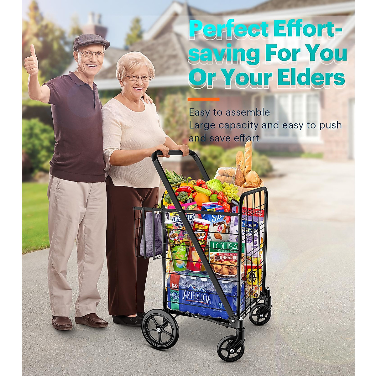 Shopping Cart, 350 lbs Black Super Capacity Grocery Cart on Wheels Jumbo Double Basket Folding Shopping Cart with 360° Rolling Swivel Wheels Utility Shopping Carts for Groceries Luggage Laundry