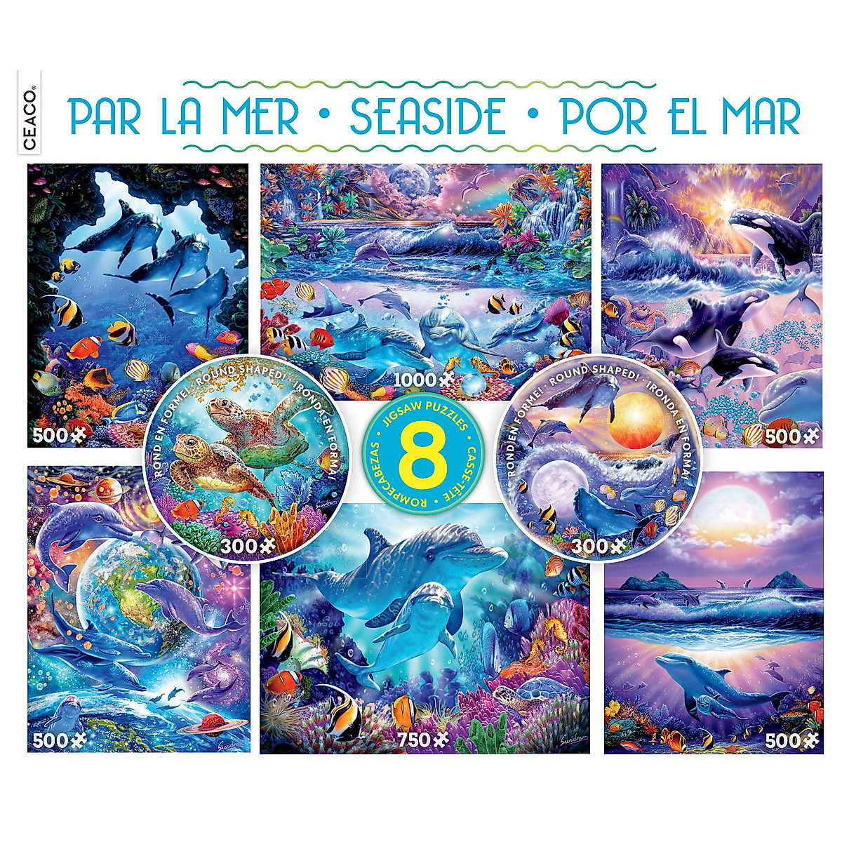 Ceaco - 8 in 1 Multipack - Seaside - (2) Round 300 Piece, (4) 550 Piece, (1) 750 Piece (1) 1000 Piece Jigsaw Puzzles