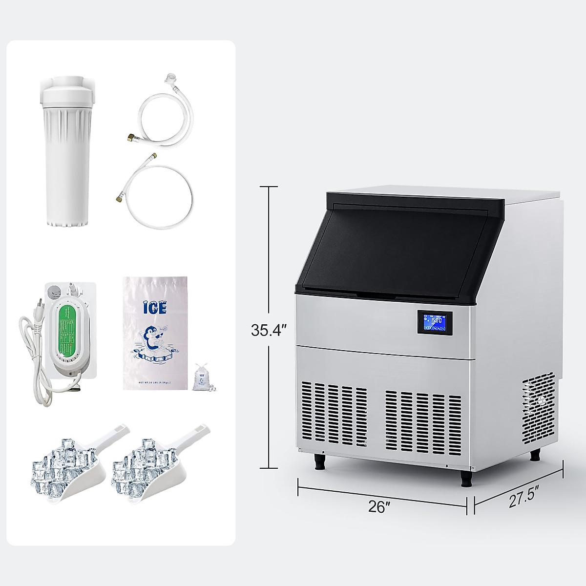 Commercial Ice Maker Machine 280Lbs/24H with 100Lbs Storage, 26" Undercounter Ice Maker, Stainless Steel, Powerful Compressor, Freestanding Cube Ice Machine for Bar/Restaurant/Home