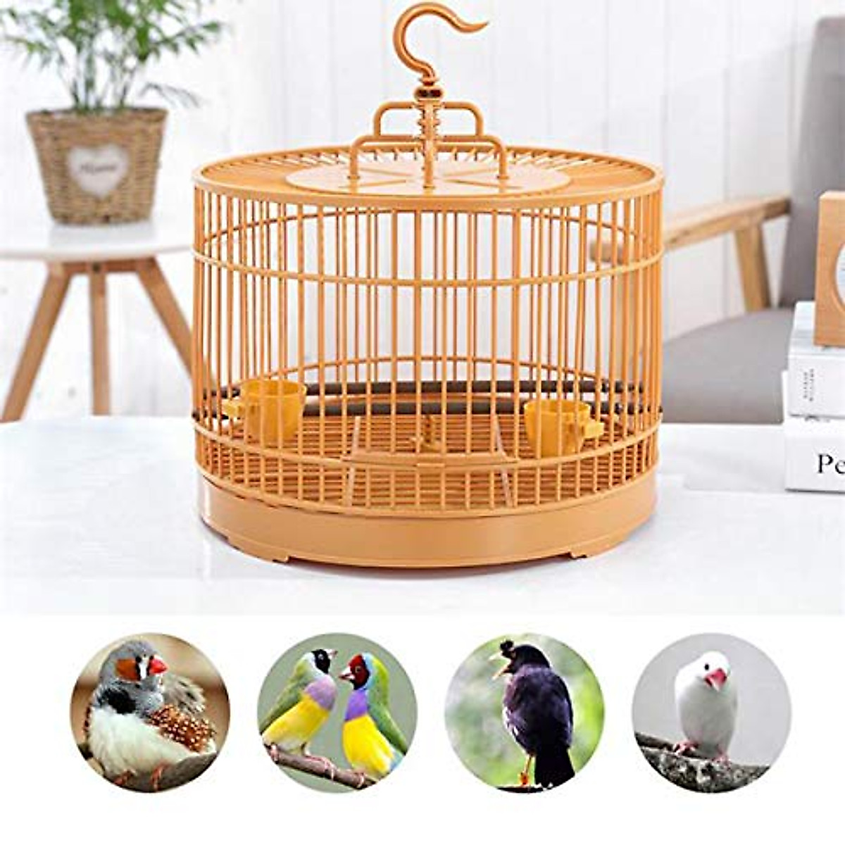 Round Bird Cage, Plastic Bird House Carrier, Vintage Style Hanging Bird Cage with 2 Feeding Cups for Small Birds Parrot (30cm in Diameter)