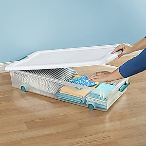 Sterilite 56 Quart Latching Stackable Under Bed or Closet Storage Box Container Bins with Secure Lid and Wheels, Clear (12 Pack)