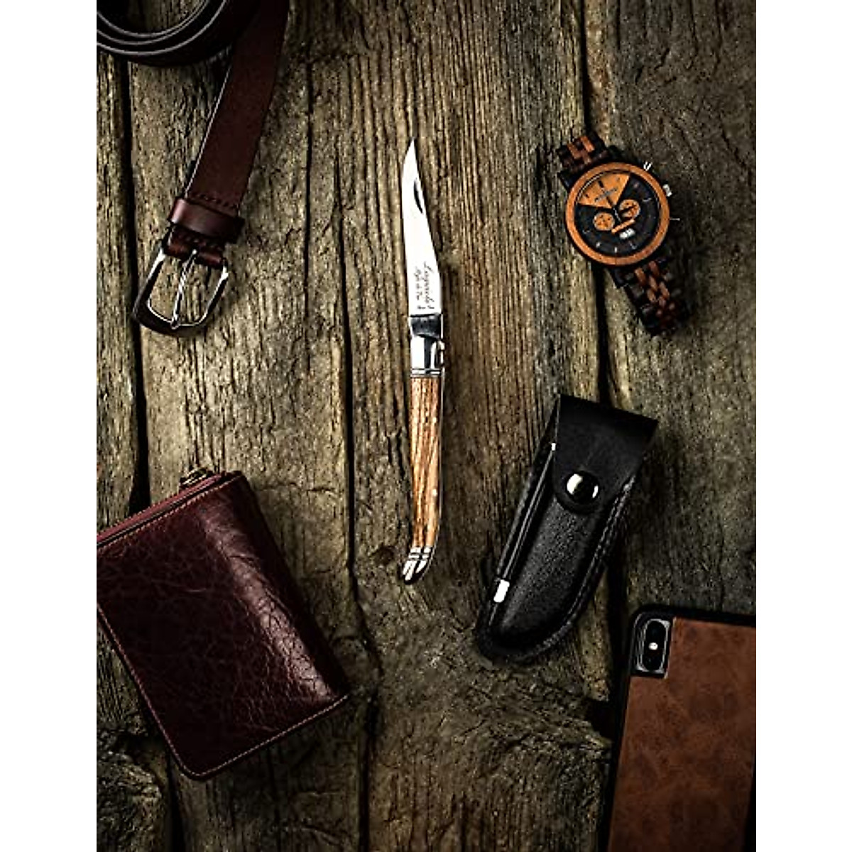 Laguiole Style de Vie pocket knife with sharpening steel, leather pouch and giftbox, zebranowood