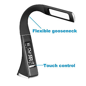 LED Desk Lamp Flexible Gooseneck with Clock Calendar and Temperature,Office Gift Ideas,Touch Dimmable Table Lamp with 3 Levels Brightness,Modern Light for Home Office and Dorm-Black (YF-U2)