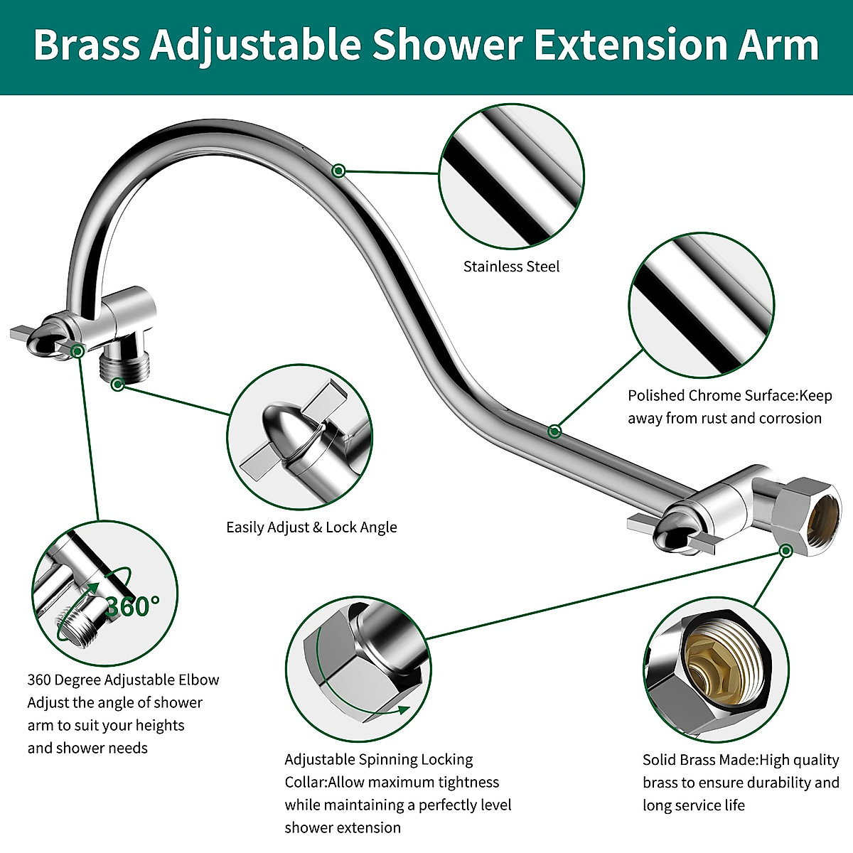 All Metal 16 Inch Solid Brass Adjustable Curved Shower Head Extension Arm Flexible Height & Angle Shower Arm Extender with Lock Joints,Universal Connection Stainless Steel Pipe Height Extending,Chrome