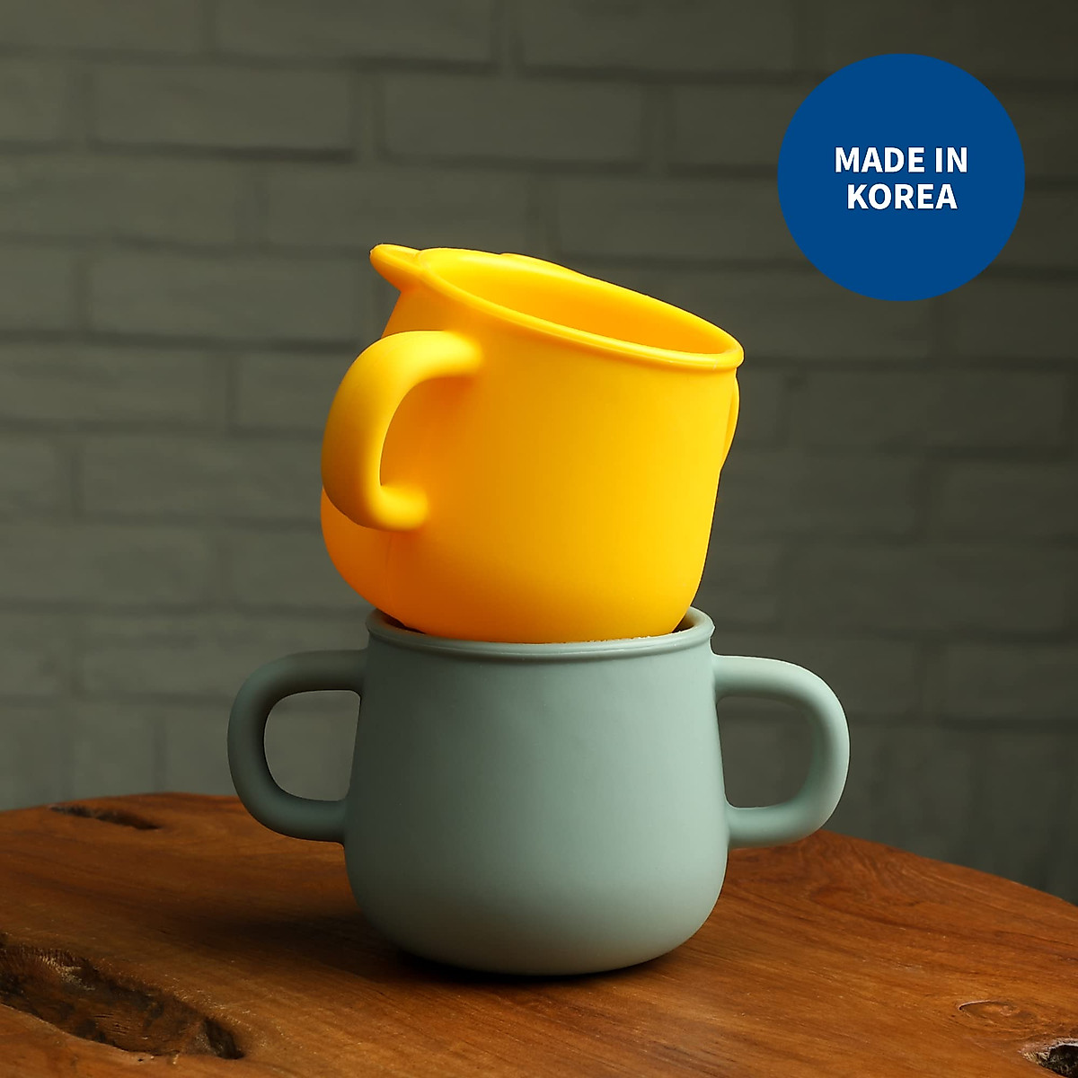 BLUE GINKGO Silicone Toddler Cups - Open Cup for Baby with Handles | Made in Korea | 8oz Training Open Cups for Toddlers 1-3 (Yellow)