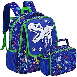 Luminous Dinosaur Backpack Set for Boys - Boy School Backpack with Lunch Box for Preschool Kindergarten Elementary Jurassic World Bookbag Lightweight Camping Hiking Insulated Insulated Lunch Bag