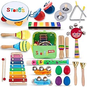 Stoie's Kids Musical Instruments Set for Toddler Ages 1-3, 3-5 - Baby Wooden Percussion Musical Toys for Little Boys & Girls - with Xylophone and Maracas, Drum, Cymbals