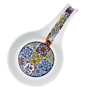 Portugal Tile Azulejo Themed Spoon Rest with Wooden Base - Various Colors (Red)