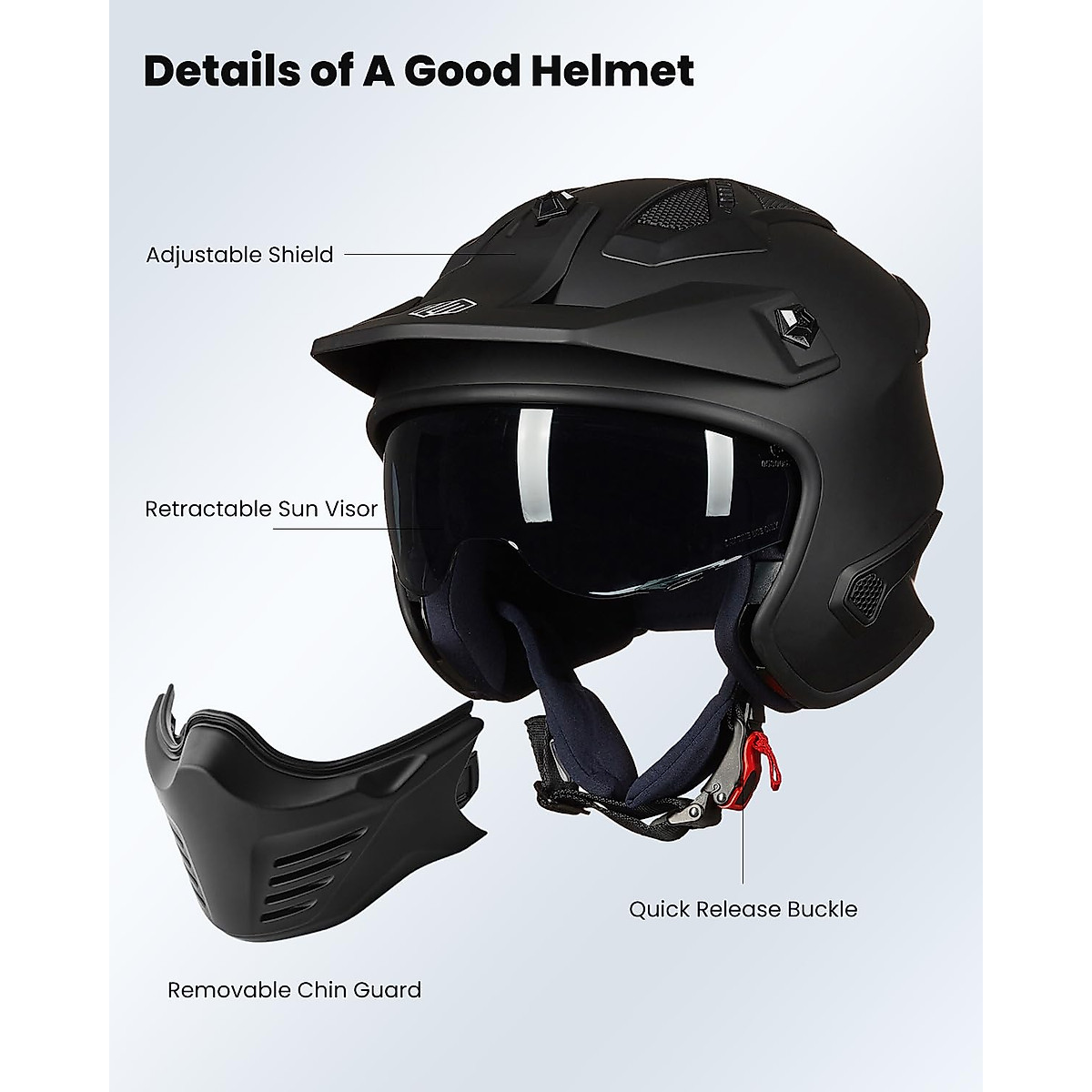 ILM Open Face Motorcycle 3/4 Half Helmet for Dirt Bike Moped ATV UTV Motocross Cruiser Scooter DOT Model 726X (Matte Black,L)