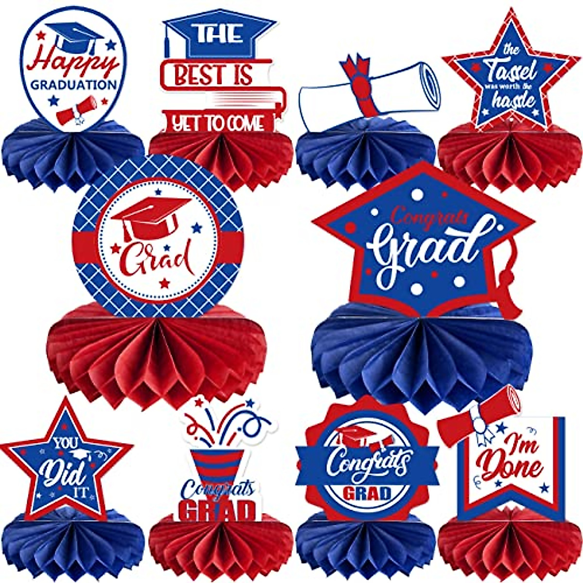 Class of 2023 Graduation Party Decorations 10PCS Blue and Red Graduation Honeycomb Centerpieces Congrats Grad Honeycomb Table Centerpieces Congratulate 3D Table Topper for Grad Party Supplies