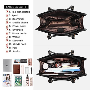 LOVEVOOK Laptop Bag for Women Work, Large Leather Laptop Tote Bag, 15.6 Inch Briefcase Purse Computer Bag with USB Charging Port, Business Office Handbag Shoulder Bag 2pcs Set, Black