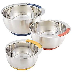Ayesha Curry Kitchenware Pantryware Stainless Steel Nesting Mixing Bowls Set, 3 Piece, Silver with Color Accent Handles