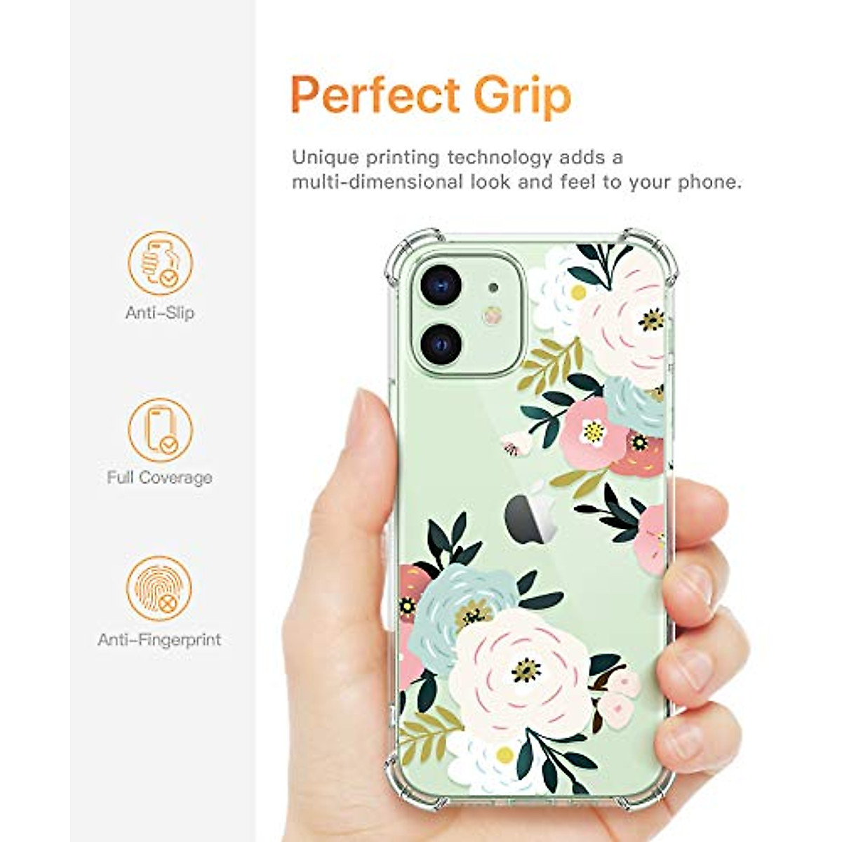 GVIEWIN for iPhone 12 Case and iPhone 12 Pro Case with Screen Protector + Camera Lens Protector, Clear Floral Flexible TPU Shockproof Women Girls Flower Pattern Phone Case 6.1"(Abundant Blossom/White)