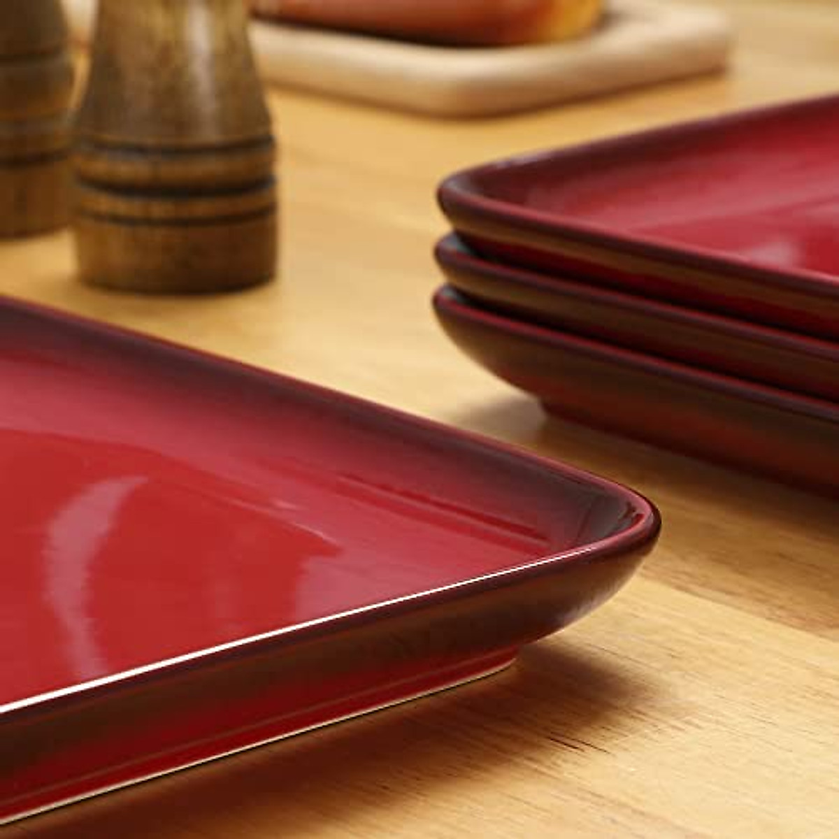 LOVECASA Red Dinner Plates Set of 4, Square Dessert Salad Plates Set, 10 Inch Stoneware Plates, Dishwasher, Oven and Microwave Safe