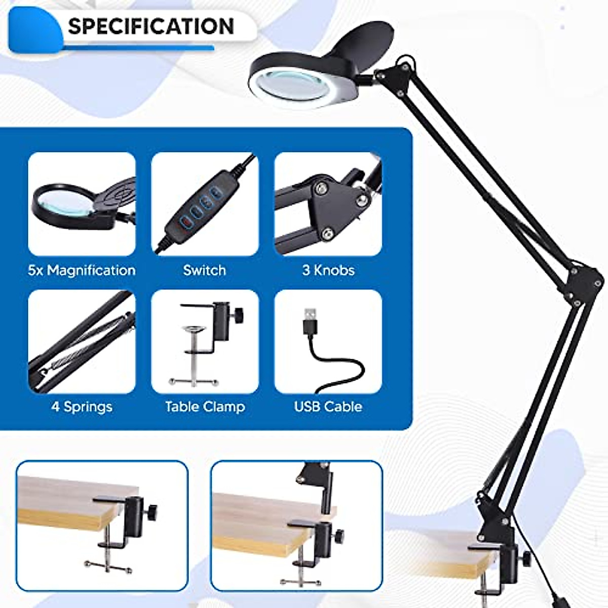 YOCTOSUN Magnifying Desk Lamp with Clamp, 5X Real Glass Lens, 3 Color Modes Stepless Dimmable, Adjustable Arm Magnifying Glass with Light and Stand for Reading, Painting, Sewing & Crafts