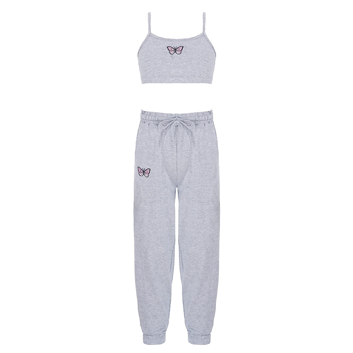 Moggemol Girls 2 Piece Dance Sports Outfits Butterfly Print Cami Crop Tops and Sweatpants Tracksuit Jogger Set Grey 10 Years