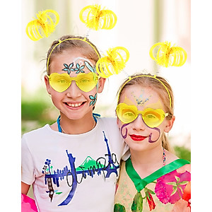 12 Pcs Tinsel Wrapped Ponytails Headband with Heart Shape Sunglasses Costume Party Faux Feather Headwear Bopper for Festival(Yellow)