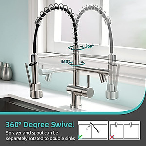 Kicimpro Faucet for Kitchen Sink, Commercial Kitchen Faucet with Pull Down Sprayer Brushed Nickel Spring Single Handle High Arc Stainless Steel Kitchen Bar Sink Faucet 1 Hole Or 3 Hole Compatible