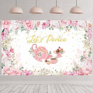 Let's Partea Tea Party Birthday Backdrop Tea Party Banner Decorations Tea Party Picture Background for Baby Shower Birthday Party Decorations Photo Booth (White, 6 x 3.6 ft)