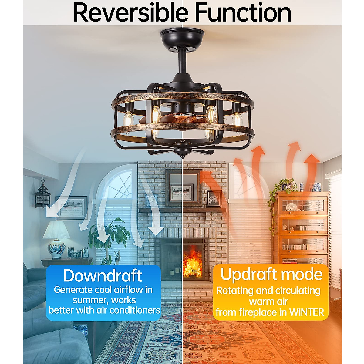 IYUNXI Caged Ceiling Fans with Lights Farmhouse, 18 Inch Flush Mount Vintage Bladeless Rustic Chandeliers Fan Remote Bedroom 6 Light E12 Bulb Base