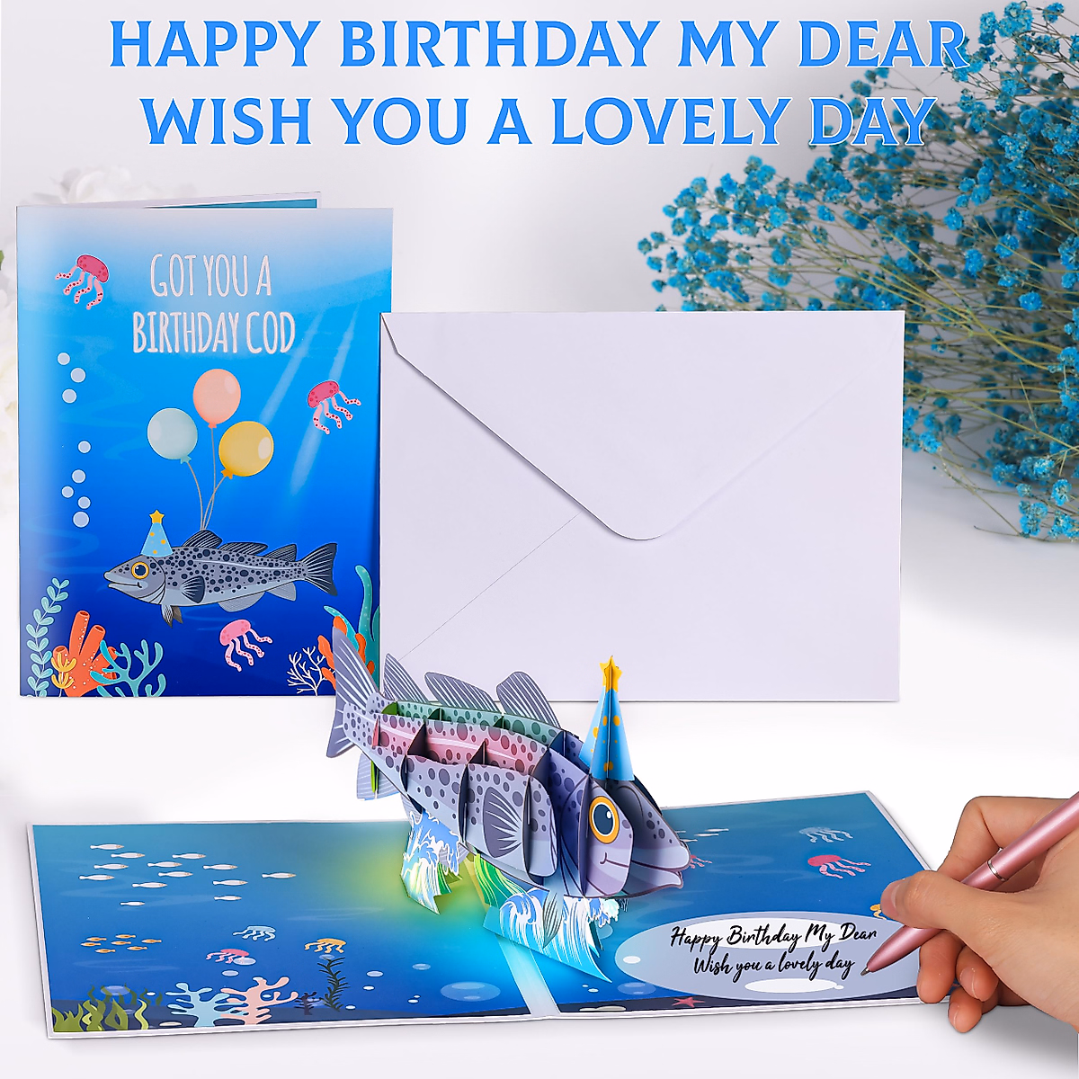 Funny Fish Themed 3D Pop Up Musical Birthday Cards For Men, Funny Greeting Card W/Lights and Happy Birthday Song for Dad, Men, Fisherman,Him, Husband, Grandpa