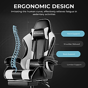 GTPLAYER Gaming Chair, Computer Chair with Footrest and Lumbar Support, Height Adjustable Game Chair with 360°-Swivel Seat and Headrest and for Office or Gaming (White)