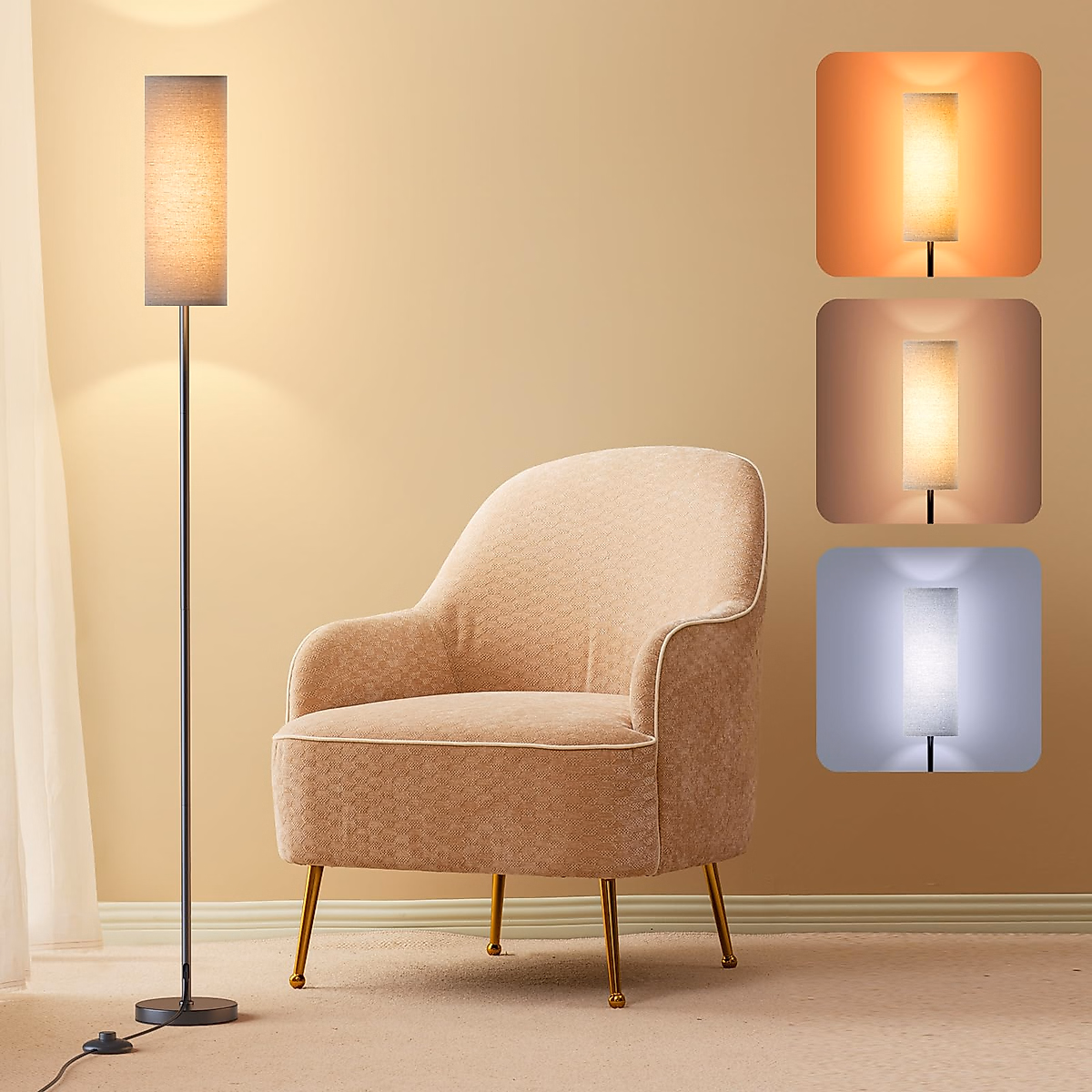 Lithomy Floor Lamps for Living Room with 3 Color Temperatures, Modern Standing Lamp Tall Industrial Reading for Bedroom, Living Room, Office, Kids Room,9W Bulb Included-Black with Gray Lampshade