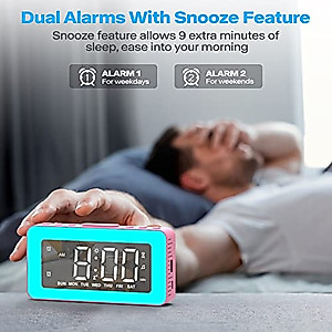 Super Loud Alarm Clock for Heavy Sleepers Adults, Teenagers, Teens, Kids, Digital Alarm Clock with 8 RGB Night Lights, 0%-100% Dimmable, Sleep Aid, Dual Alarms, Snooze, USB Charger, Ideal for Gift