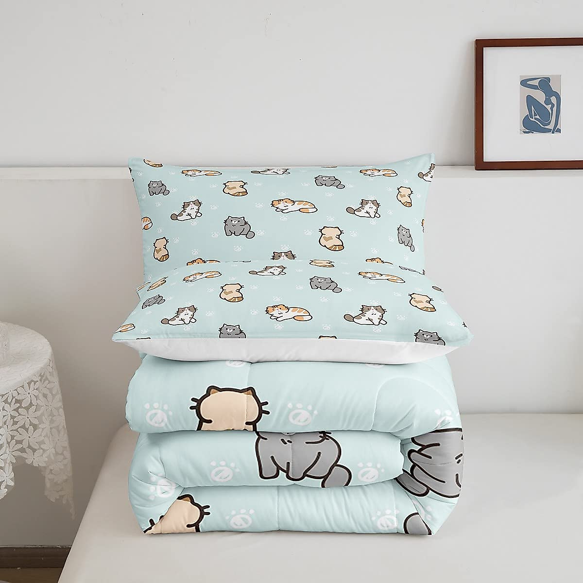 Cartoon Cat Comforter Set for Girls Kids Kawaii Cats Print Comforter Cute Kitten Animal Room Decorative Bedding Set Cat Lover's Gift Green Duvet Set Twin Size 2Pcs Quilt Set