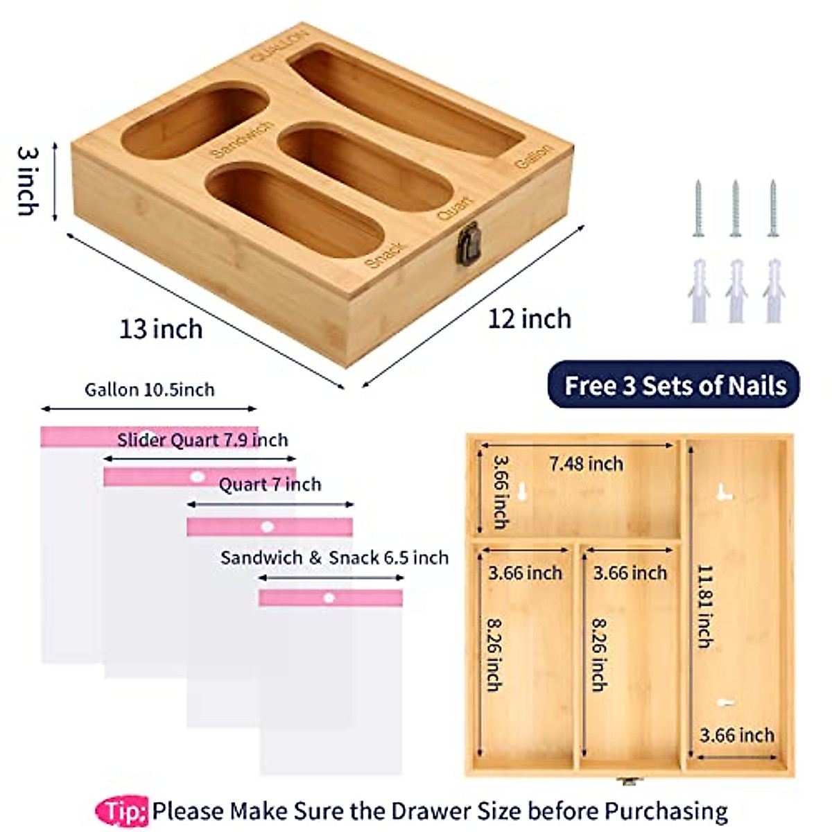 QUALLON Plastic Bag Storage Organizer Drawer or Wall Mount,Plastic Bag Organizer, Sandwich Bag Organizer, Baggie Organizer,Plastic Bag Storage for Drawer Kitchen Gallon Quart Snack Holders Dispenser