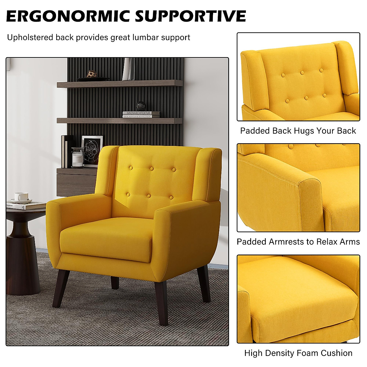 UIXE Accent Chairs Set of 2, Modern Living Room Arm Chair Button Tufted Armchair, Comfy Upholstered Club Lounge Sofa Seat Reading Chair Bedroom Side Seating for Home Office (Yellow)