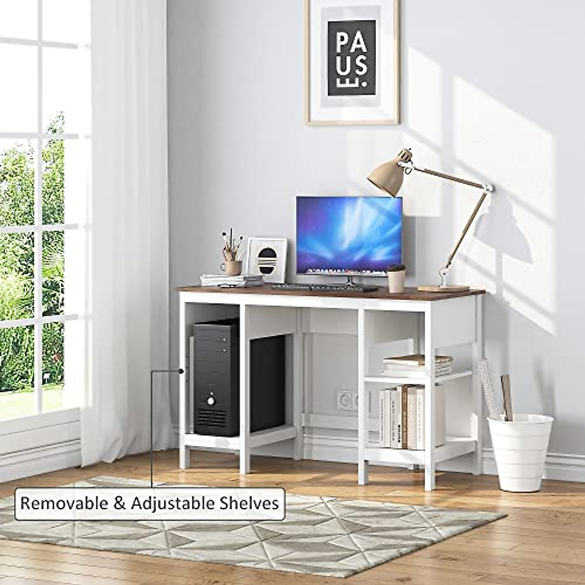 Spirich Home Office Computer Desk, 47 Inch Modern Rustic Wood Study Writing Table with Open Storage Shelves