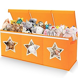 Extra Large Toy Box Chest, Toy Storage Organizer Bins with Transparent Windows, Foldable Storage Box for Kids,Boys,Girls,Toddler,Nursery Room,Playroom(Orange Srar)