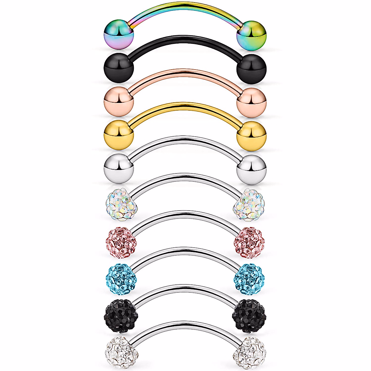 Lcolyoli 20g Surgical Steel Tiny Curved Eyebrow Barbell Ear Navel Belly Ring Piercing Jewelry for Women Men 10mm 3/8 inch Crystal Shiny Ball Spike 10 Pieces Silver-tone Rose Gold Black