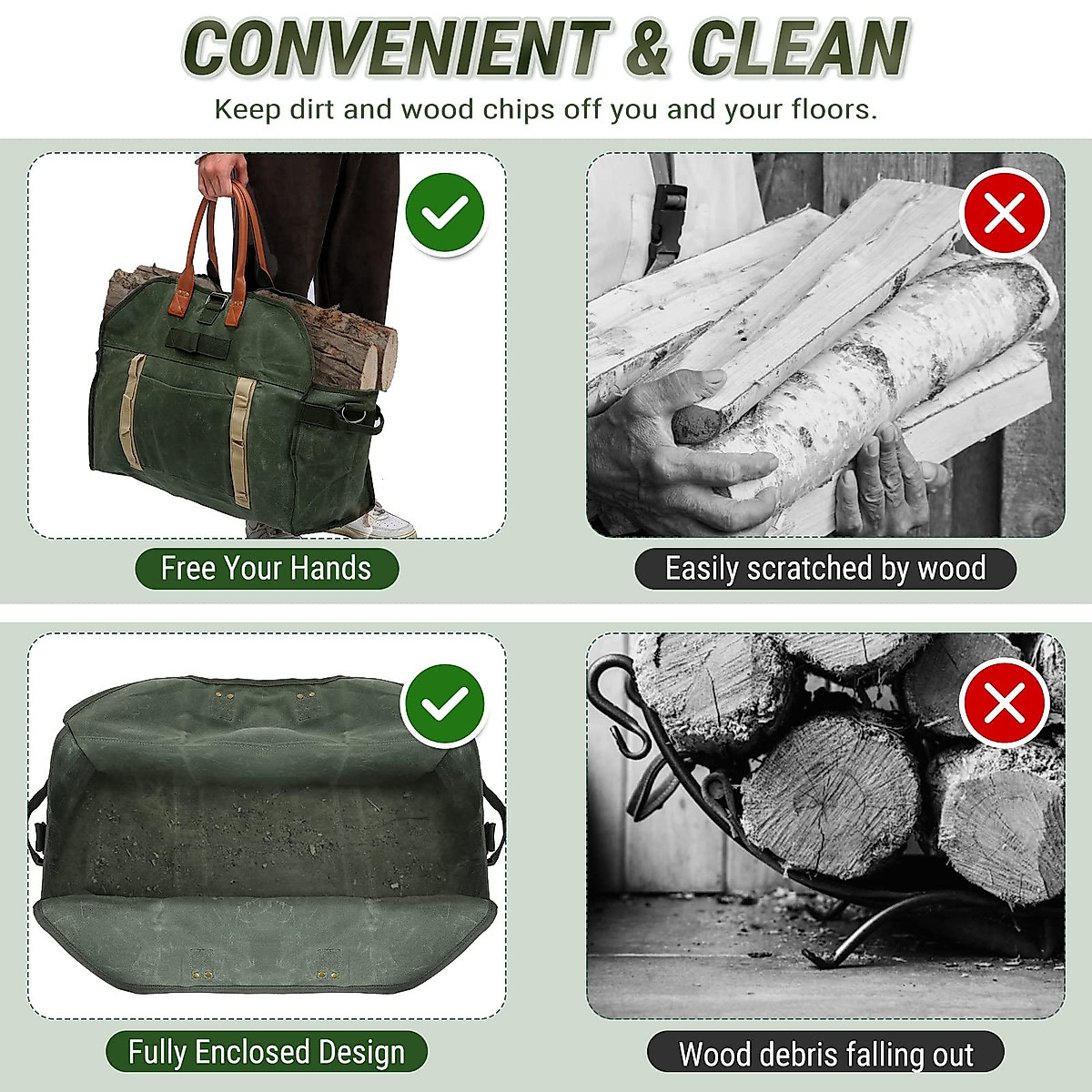 EIVOTOR Multifunction Firewood Carrier Bag, Extra Large Waxed Canvas Wood Log Carrier for Firewood with Soft Handles and Adjustable Shoulder Strap, Firewood Holder Tote Bag for Indoor Home or Camping